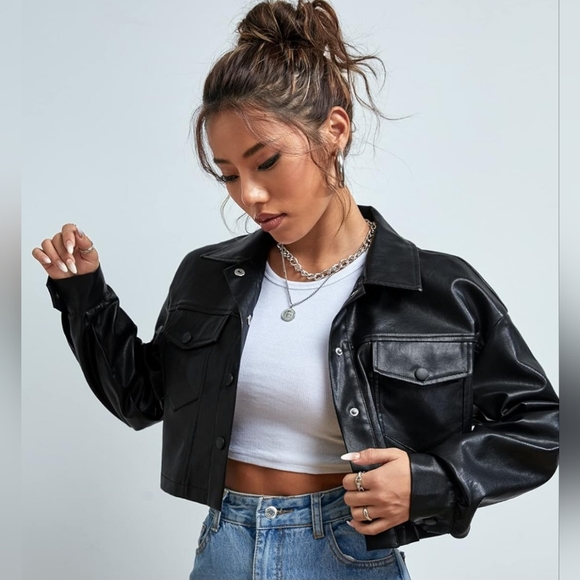 Jackets & Coats | Womens Faux Leather Crop Jacket Button Down Pocket ...